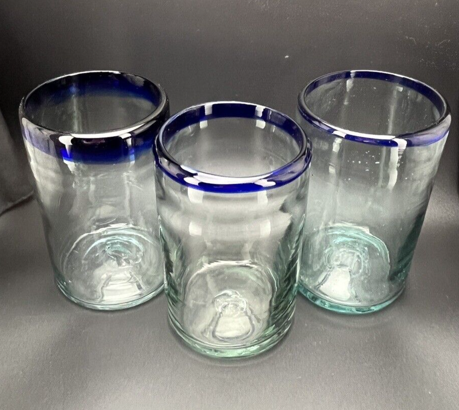 Hand Blown Blue Rimmed Glasses 5 inch lot of 3 Tumblers | eBay