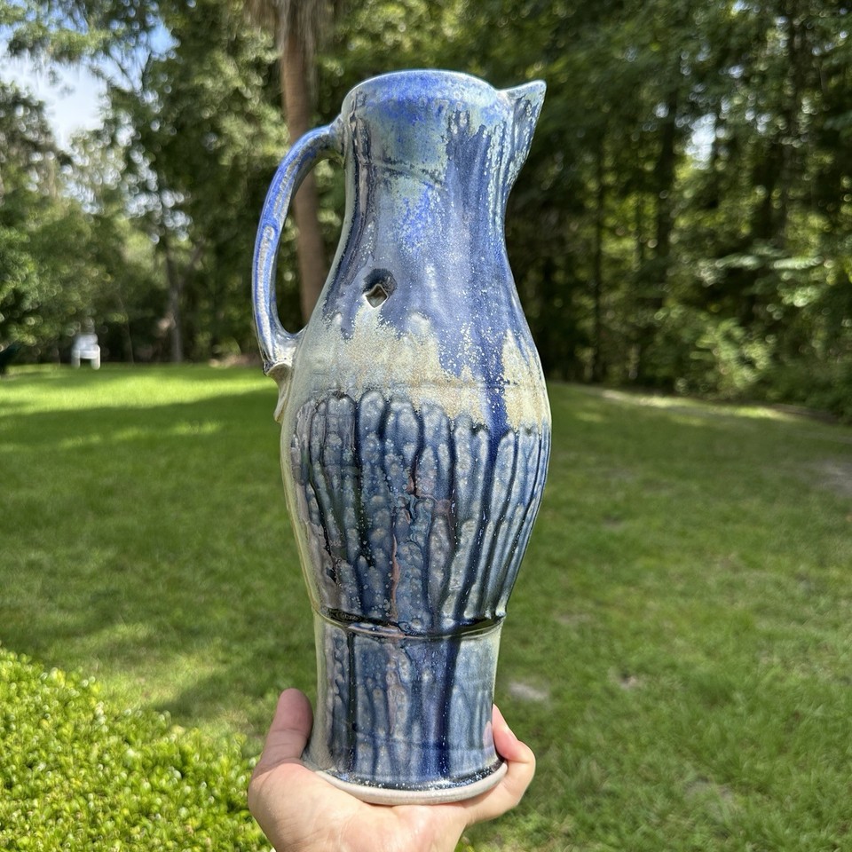 Tim Sherman Studio Pottery Pitcher Wood Fired Blue Drip Ash Glaze ...