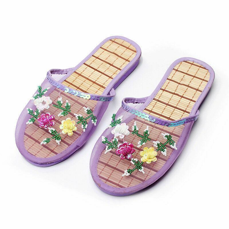 Women Chinese Mesh Floral Slippers Slides Slip On Flats Flip Flop ...