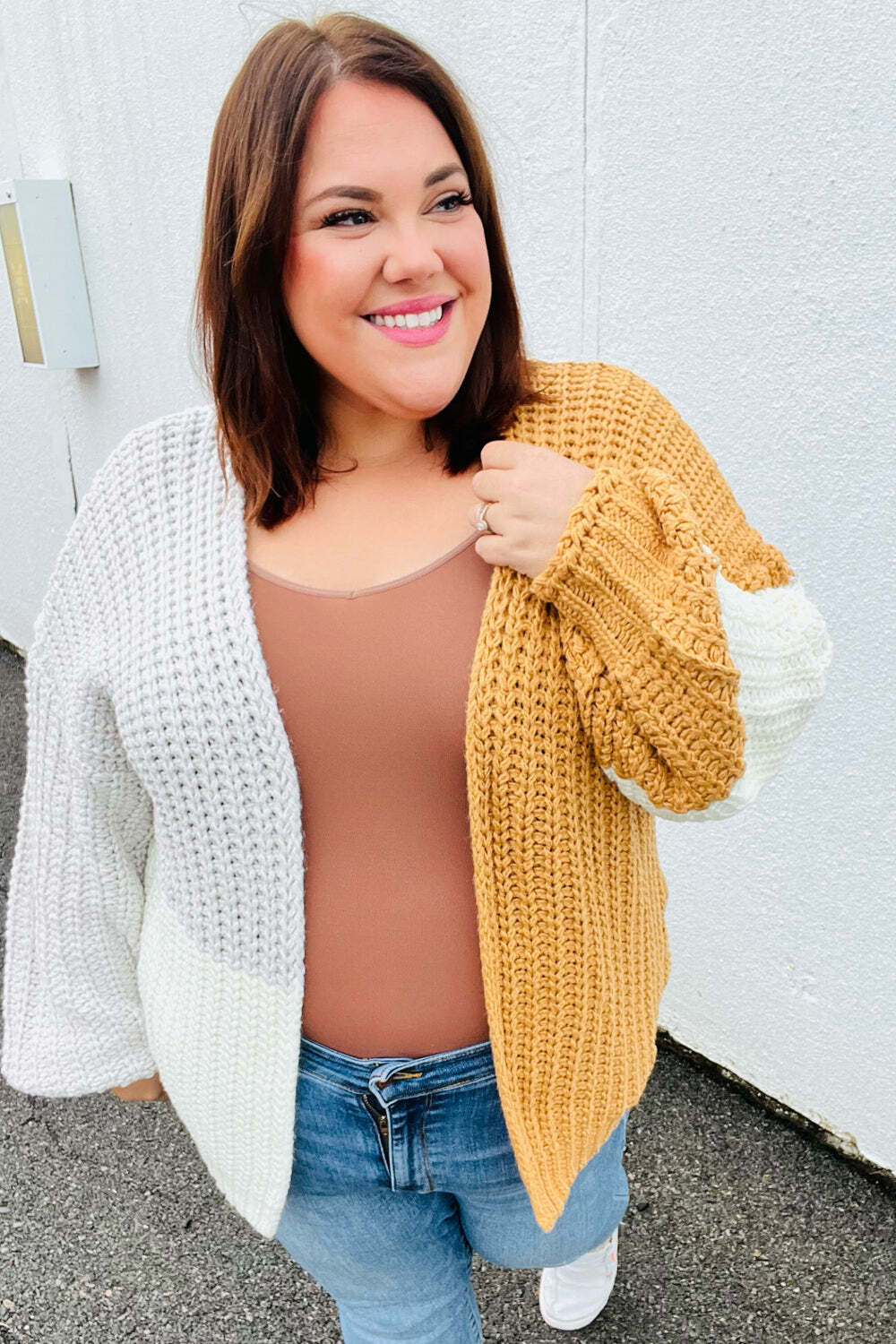 Face The Day Camel Color Block Chunky Knit Cardigan | eBay