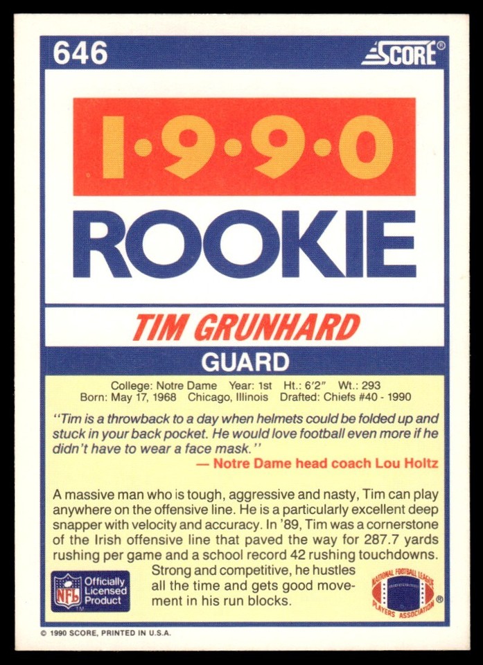 1990 Score Tim Grunhard Rookie Kansas City Chiefs #646 | eBay