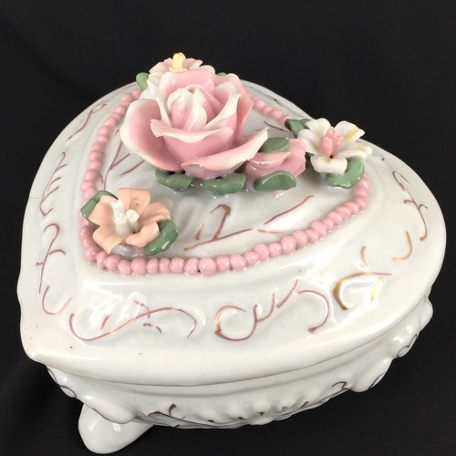 Heart-Shape Trinket Jewelry Box Ceramic White Pink Floral Lid 5.5" W ...