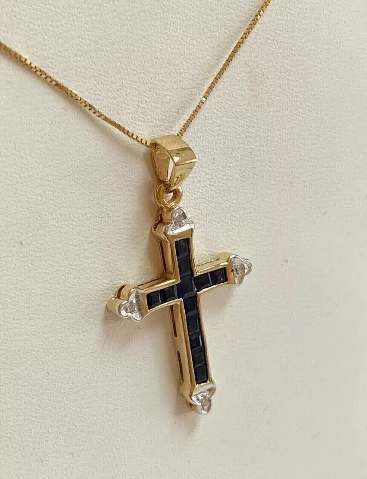 2Ct Lab Created Blue Sapphire Cross Pendant Necklaces 14k Yellow Gold ...