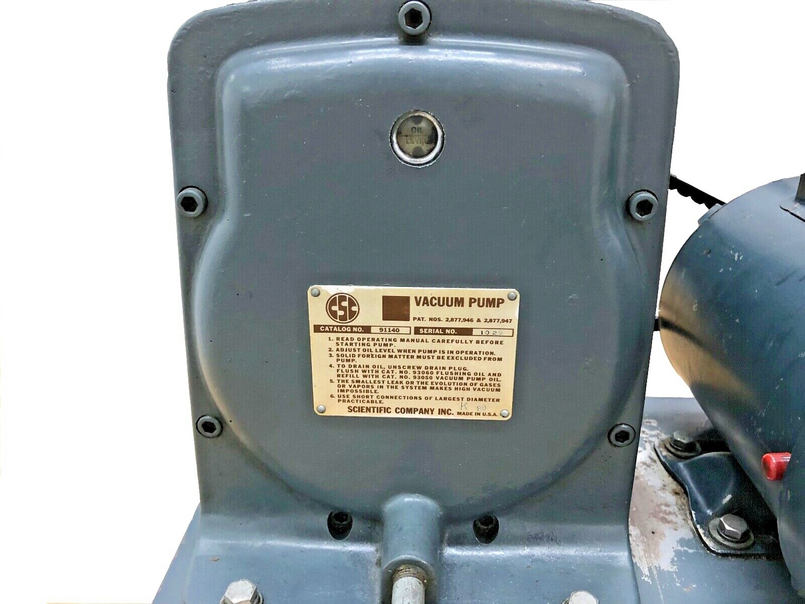 Scientific Company/Cenco Vacuum Pump 91140 Single Stage Belt Motor ...
