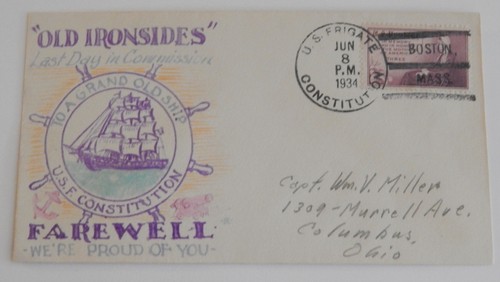USS Constitution frigate "Old Ironsides" 1934 Boston hand drawn cachet ...