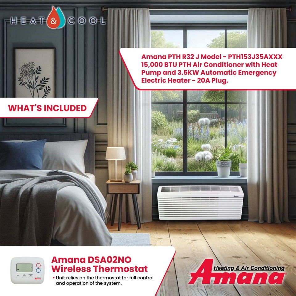 Amana 15,000 BTU PTAC Heat Pump R32 with 3.5KW Heater and Thermostat ...