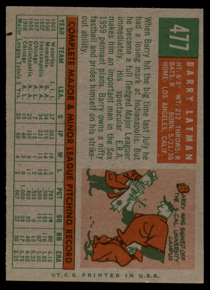 1959 Topps #477 Barry Latman EX++ RC Rookie White Sox ID:69725 | eBay
