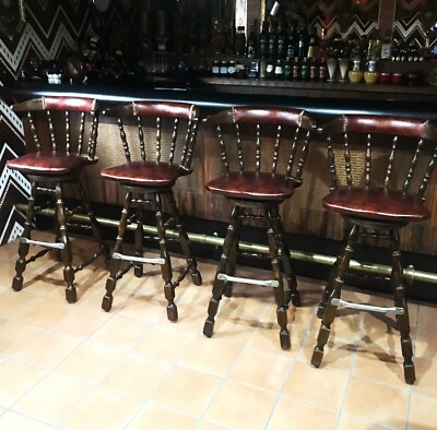 [4 PCS] Vintage Victorian Style Dark Brown Wood Leather Seat Bar Stools ...