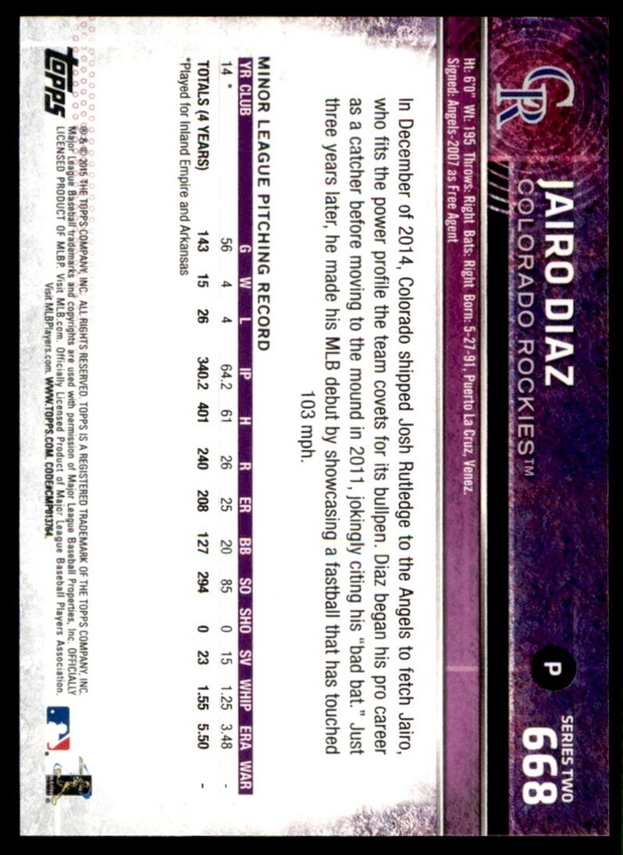 2015 TOPPS #668 JAIRO DIAZ COLORADO ROCKIES | eBay