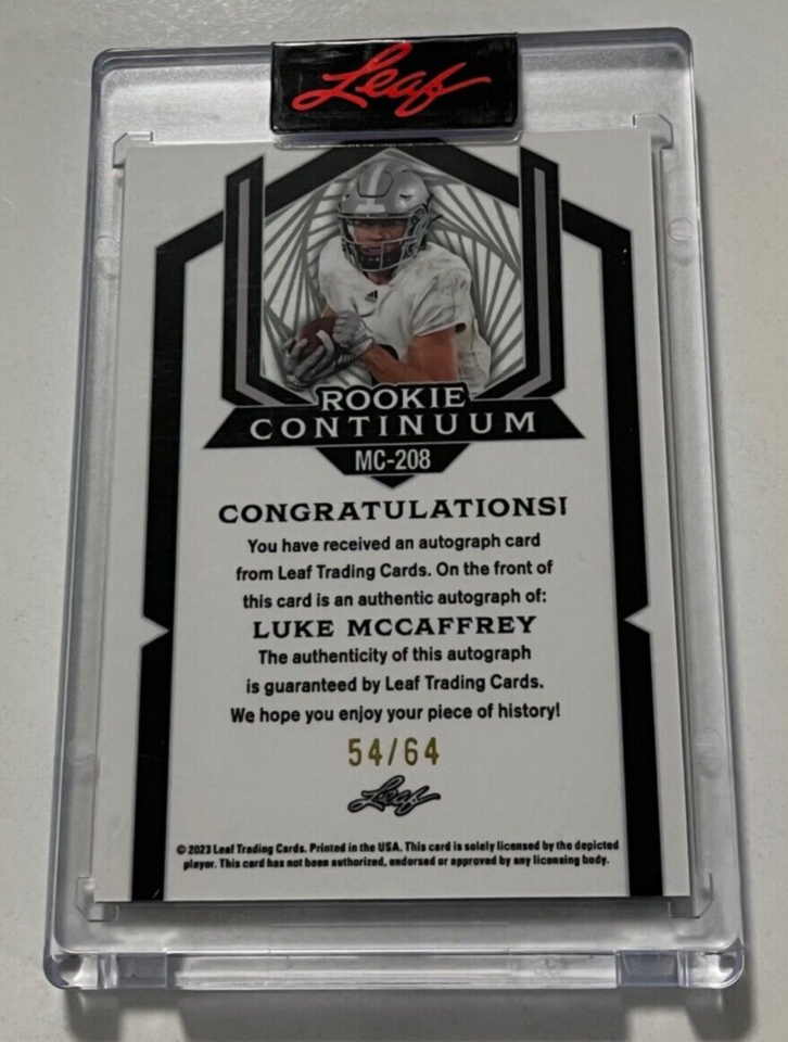 Luke McCaffrey Leaf Continuum Auto Card Washington Commanders 54/64 NFL ...