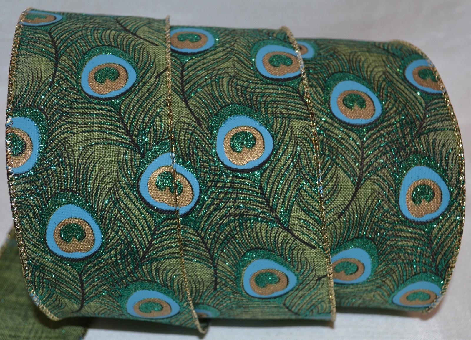 Wired Ribbon~Aqua Blue Sparkle Peacock Feather~Green~Gold~2.5"~Holiday ...