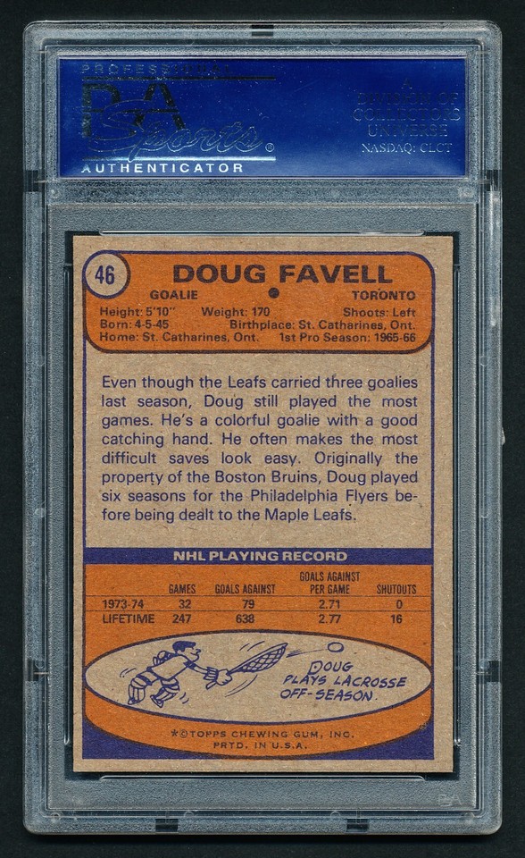1974 TOPPS HOCKEY 46 DOUG FAVELL MAPLE LEAFS GOALIE PSA 9 MINT | eBay
