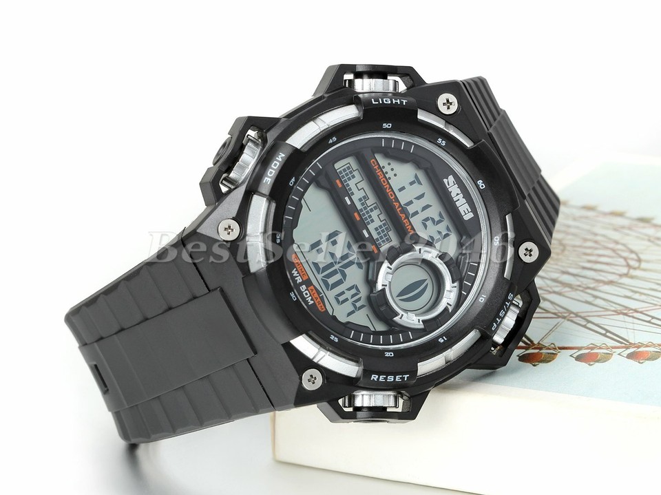 Fashion Sports Men Black Rubber Shock Resistant Electronic Wrist Watch ...