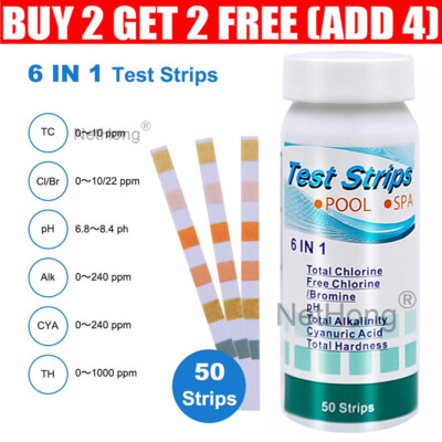 50PCS 6in1 Chlorine Dip Test Strips Hot Tub SPA Swimming Pool PH Tester ...