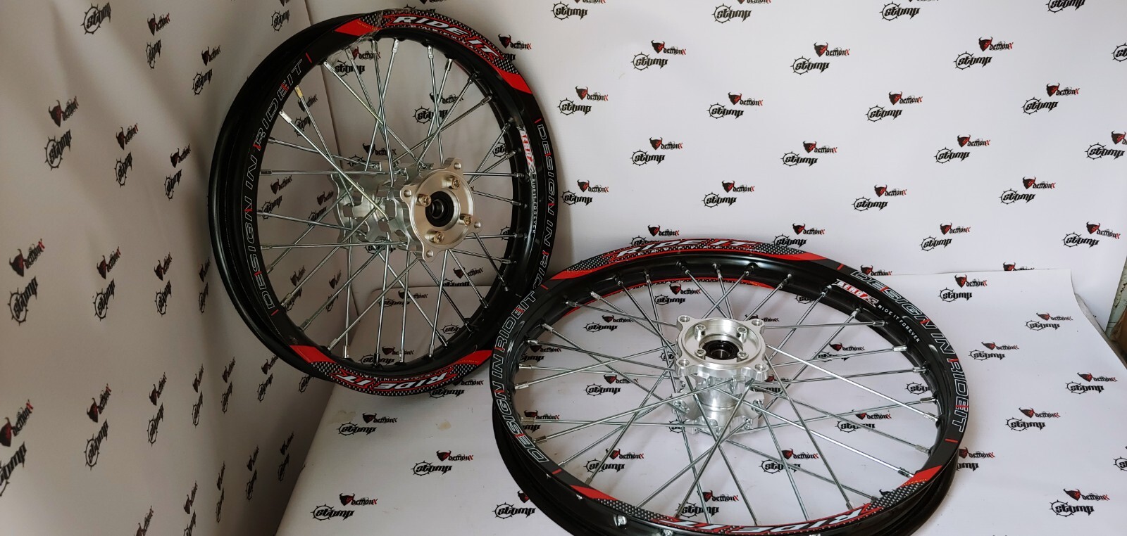 Pit Bike wheels . Black 17" Front 14" Rear 15mm SDG silver billet hubs ...