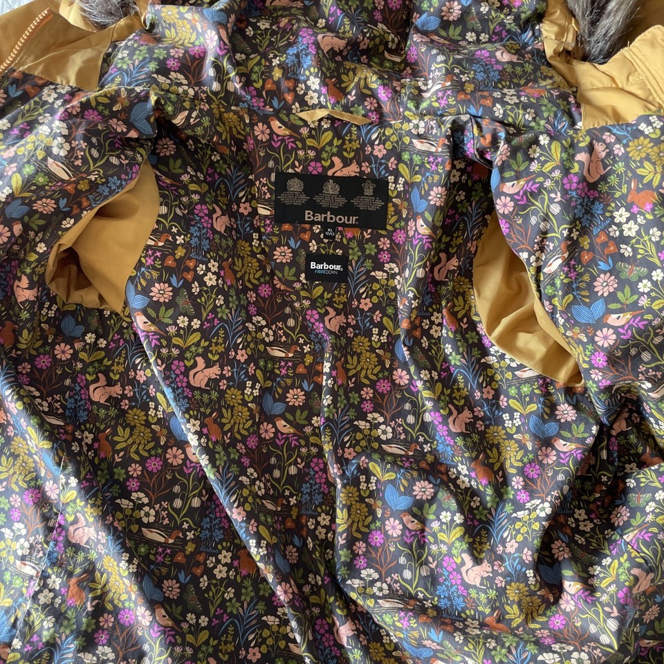 Barbour Girls Bayside Quilt Coat XL 12/13 Mustard Yellow with Furry ...