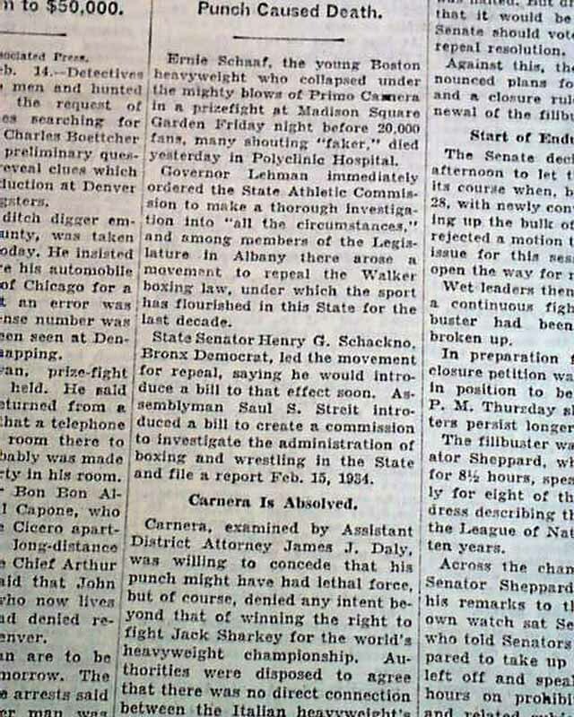 ERNIE SCHAAF Heavyweight Boxing Primo Carnera Knockout DEATH 1933 Old ...