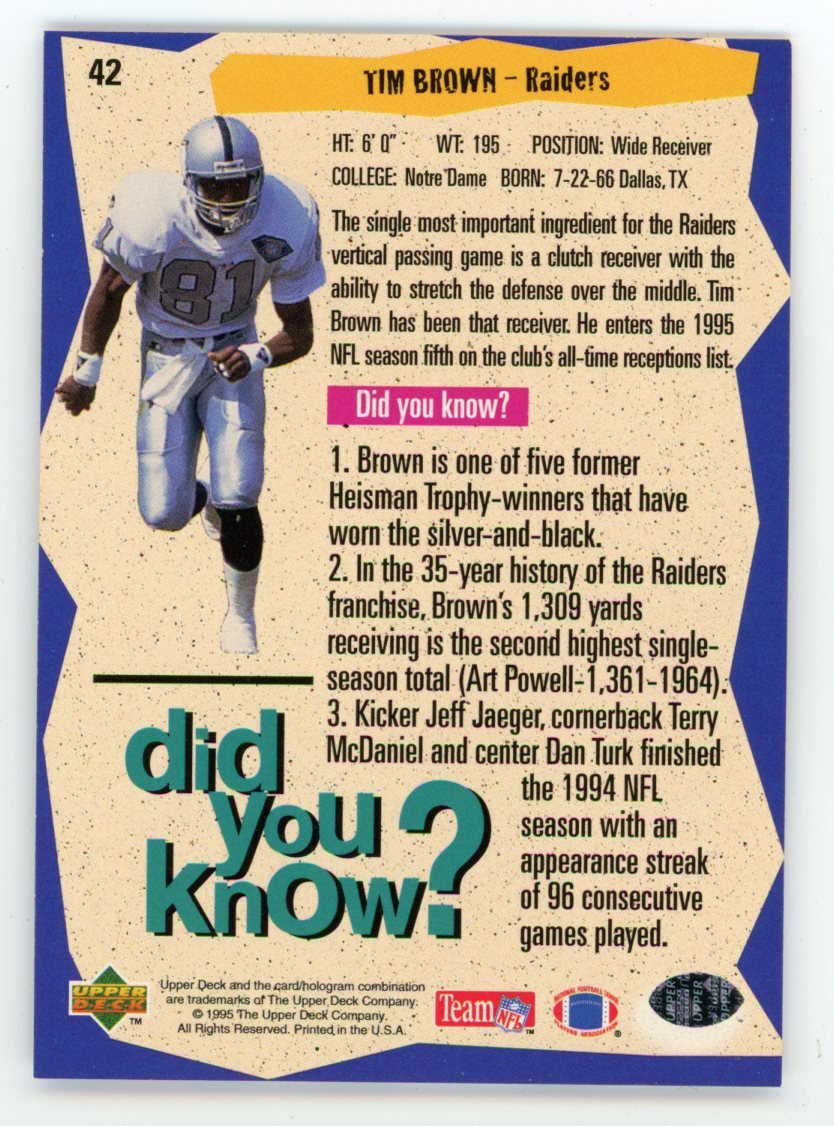 1995 Upper Deck Collector's Choice - Players Club #42 Tim Brown for ...