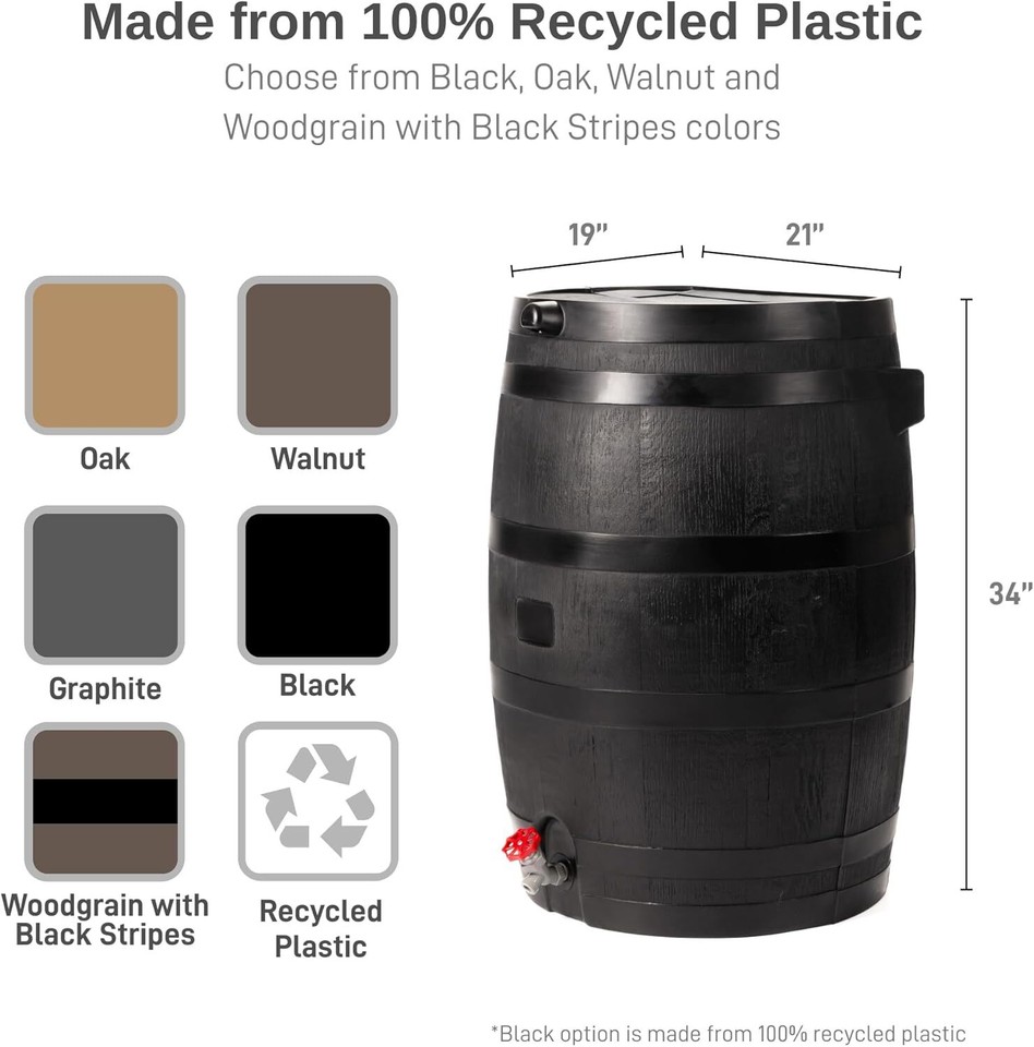 50-Gallon ECO Rain Barrel Made with 100% Recycled Plastic, Flat Back ...