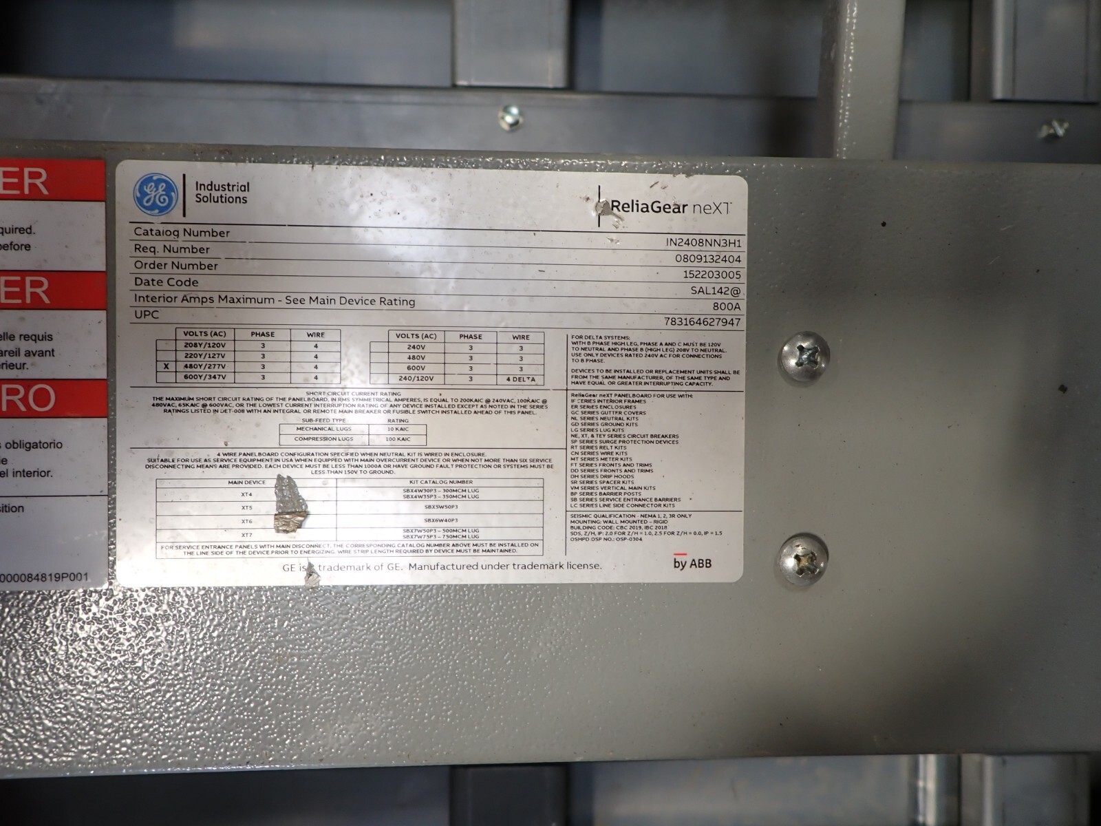 ABB Reliagear Next 800 amp Panelboard 480v 3 Phase INDOOR Main Breaker ...