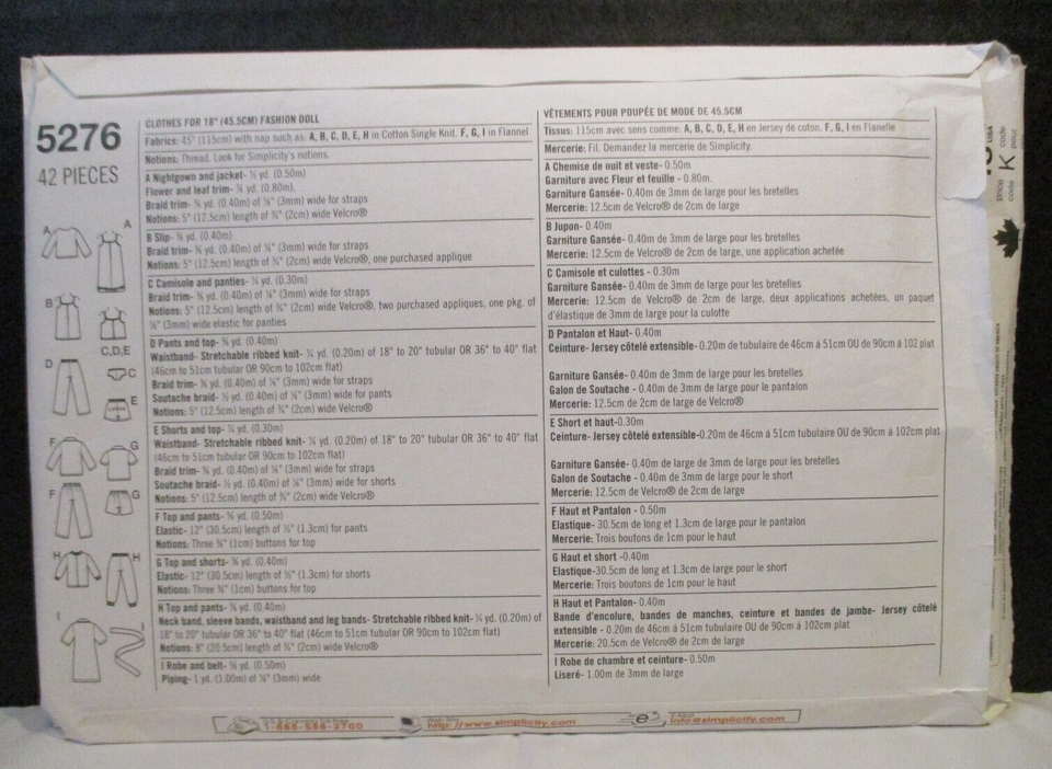 Simplicity Pattern 5276 18" Doll Clothes Nightgown PJs Jacket Slip ...