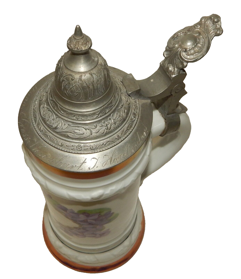 Antique Lithopane German Stein Forget Me Nots Remembrance with Pewter ...