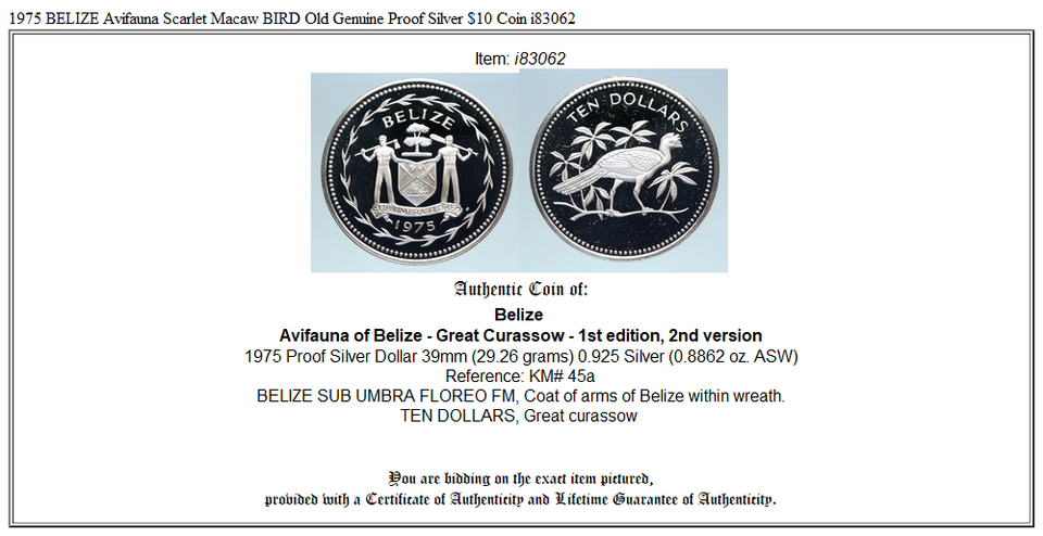 1975 BELIZE Avifauna Great Curasso BIRD Old Genuine Proof Silver $10 ...