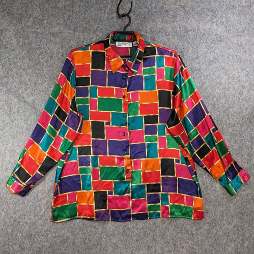 Vtg Ives St Clair Top Womens 20 W Purple Green Red Satin Button-Up Long ...