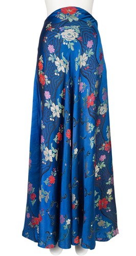 1940s Vintage Floral Brocade Blue Chinese Silk High-Waisted Maxi Skirt ...