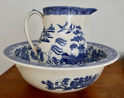 Antique Wedgwood Willow Blue & White Etruria Wash Bowl & Pitcher/Ewer ...