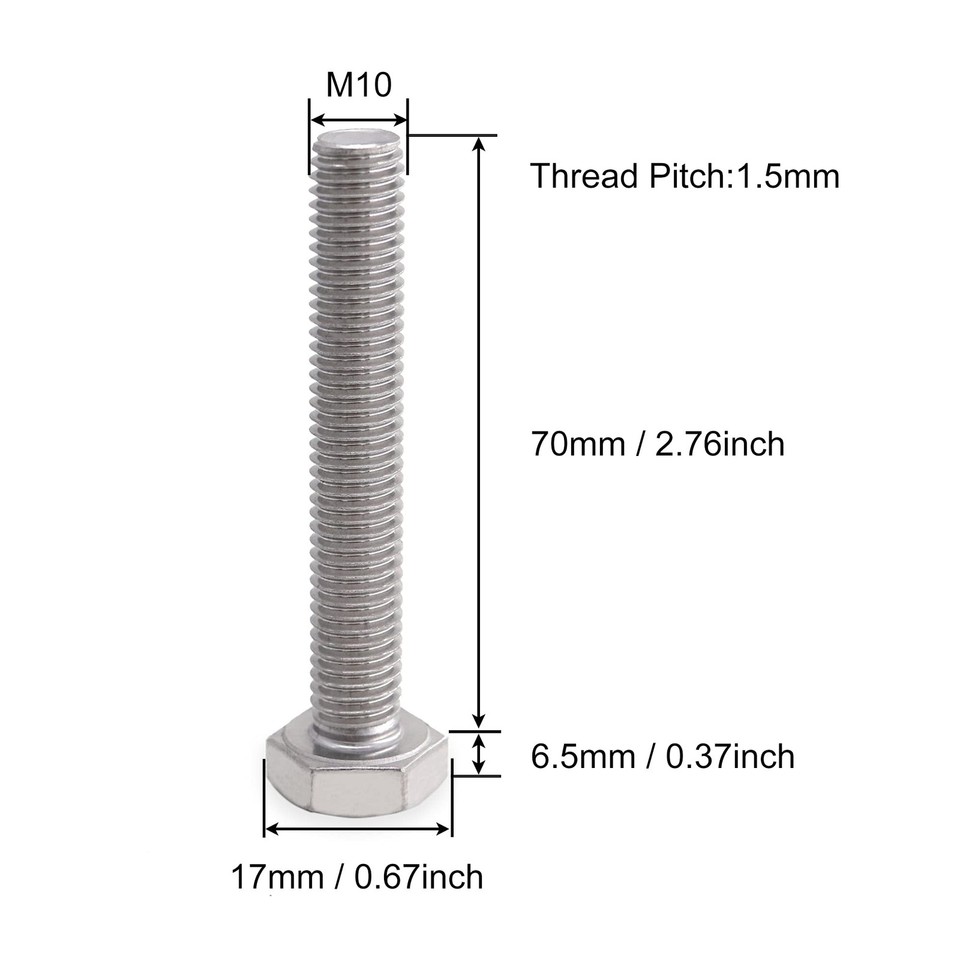 M10 Hex Head Bolt Screw, M10-1.5 x 70mm Stainless Steel 18-8 304 A2-70 ...