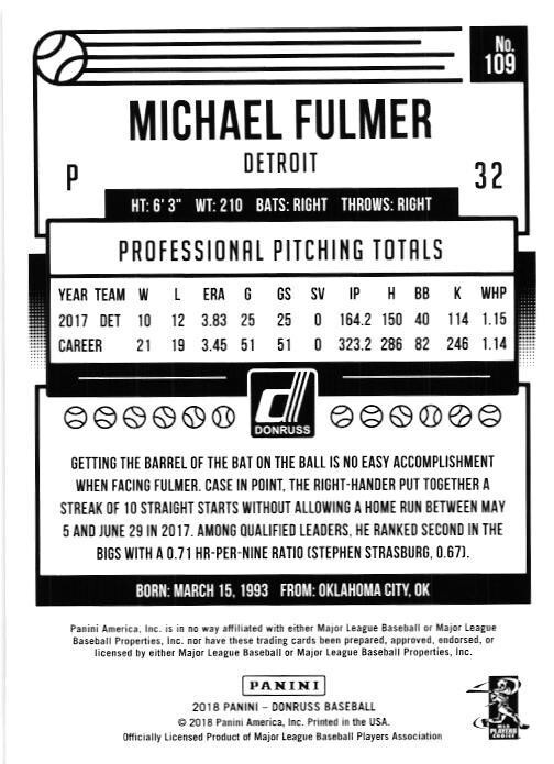 2018 PANINI DONRUSS MICHAEL FULMER BASEBALL CARD #109 | eBay