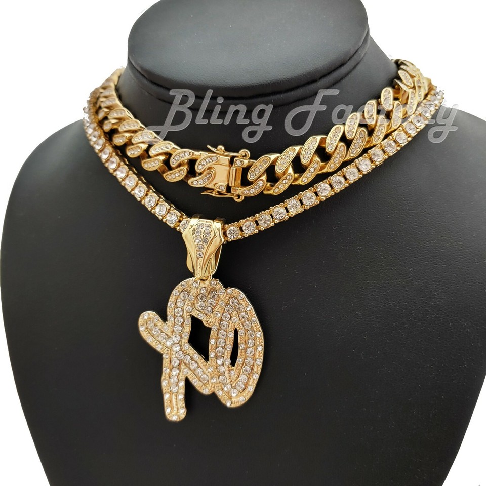 Hip Hop XO Gang pendant & 18" Iced Box Lock Cuban & Tennis Choker Chain ...