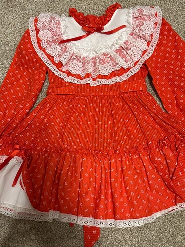 VINTAGE red frilly ruffles and lace twirly Dress Girls 4T 4 5 80s large ...