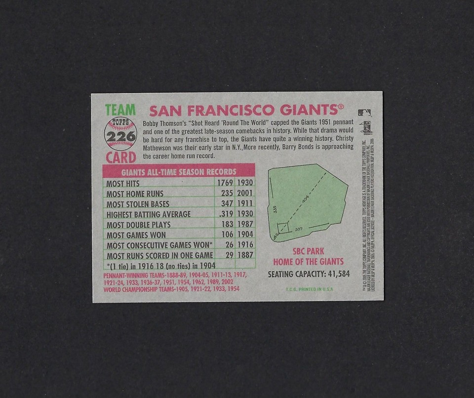 2005 Topps Heritage #226 SAN FRANCISCO GIANTS Team Card unmarked ...