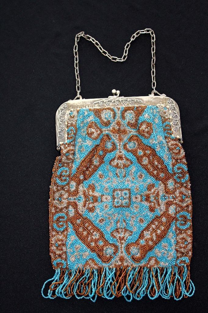 RARE ANTIQUE EDWARDIAN-1920'S FINELY BEADED PURSE 8" LENGTH + 1 1/2 ...