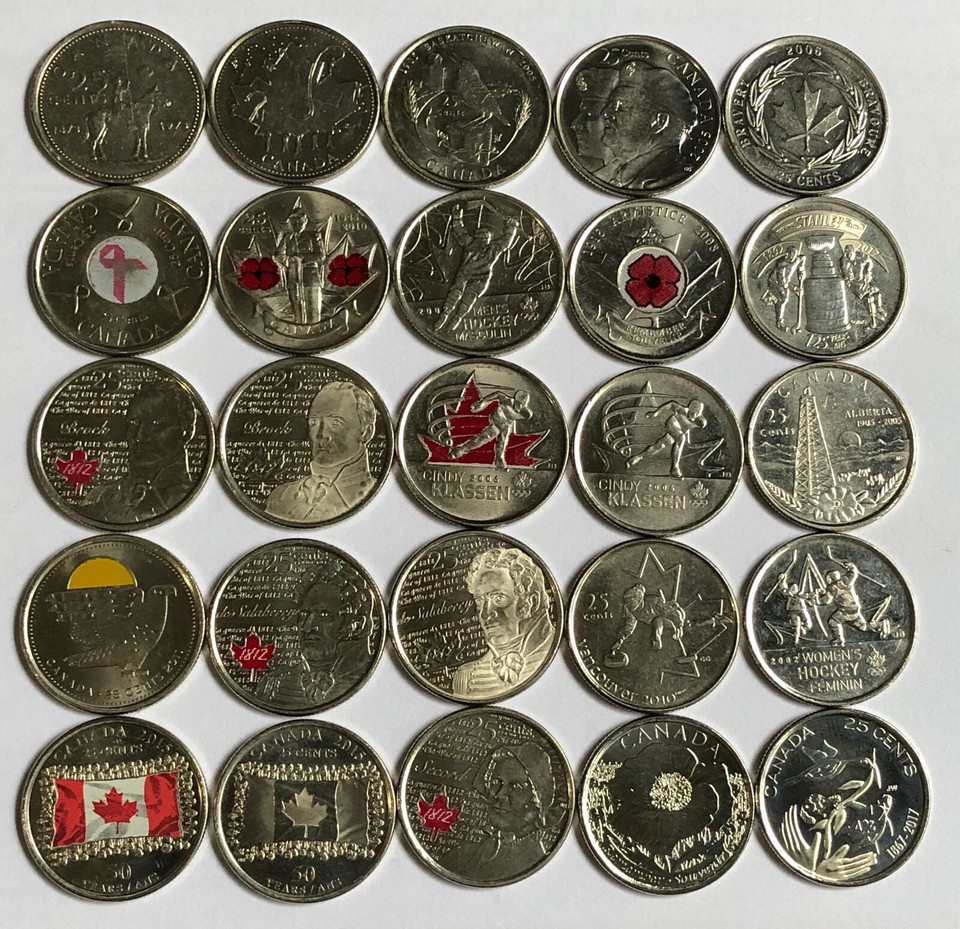 25 Canada 1973-2017 Commemorative 25¢ coins Coloured + Frosted Group C ...
