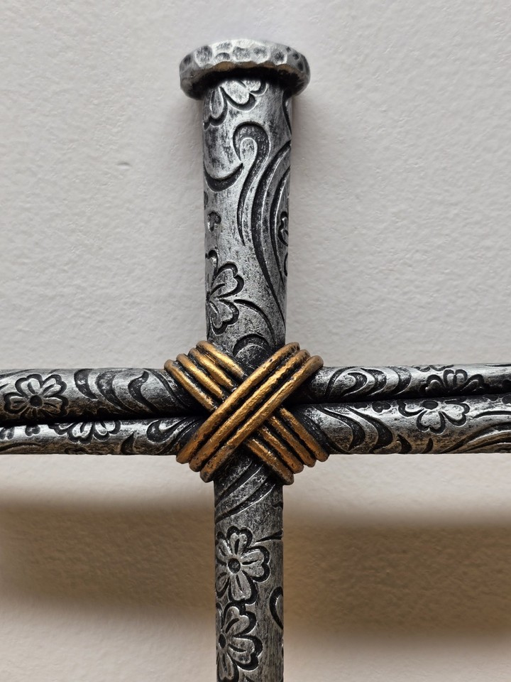 8 1/4" Small Crossed Nails Resin Wall Cross Etched Floral Pattern ...