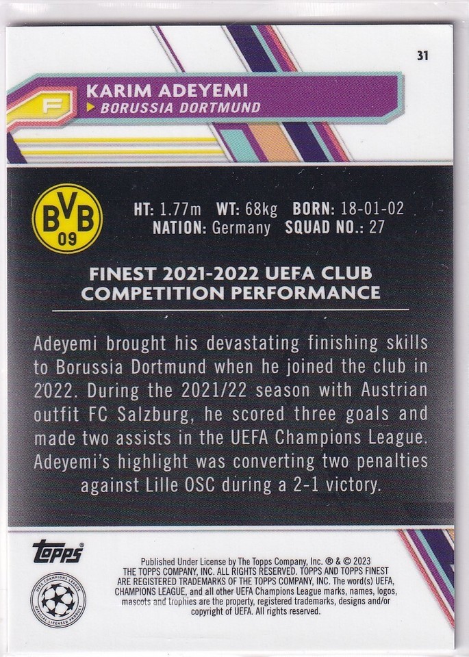 Topps Finest Ligue Des Champions 2022-23 N° 31 Karim Adeyemi Violet 113 ...