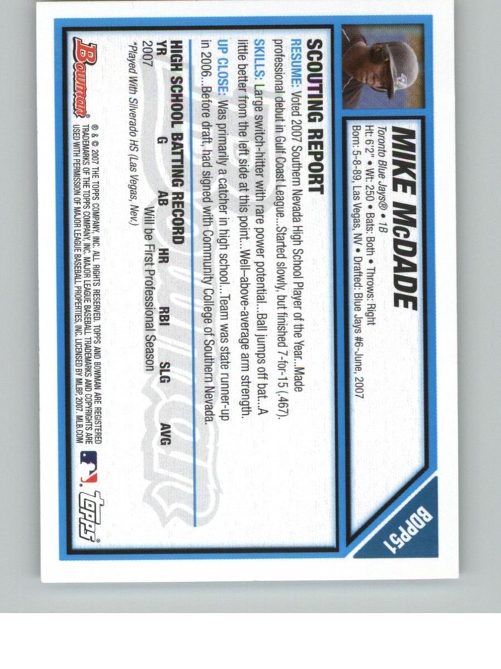 2007 Bowman Draft Picks & Prospects Mike McDade BDPP51 Blue Jays ...