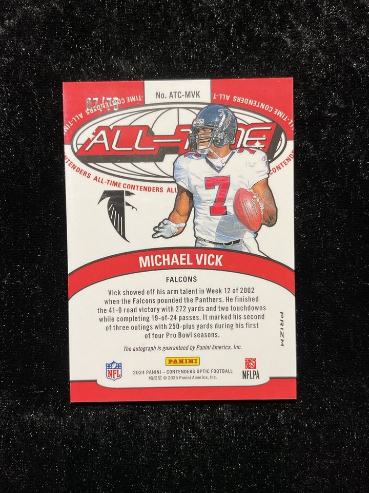 MICHAEL VICK AUTO SILVER PRIZM ALL TIME SP #07/75 JSRY# 2024 CONTENDERS ...