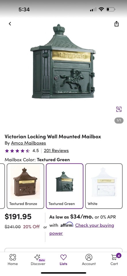 Victorian Wall/Pedestal Mount Locking Mailbox Green Patina Color W ...