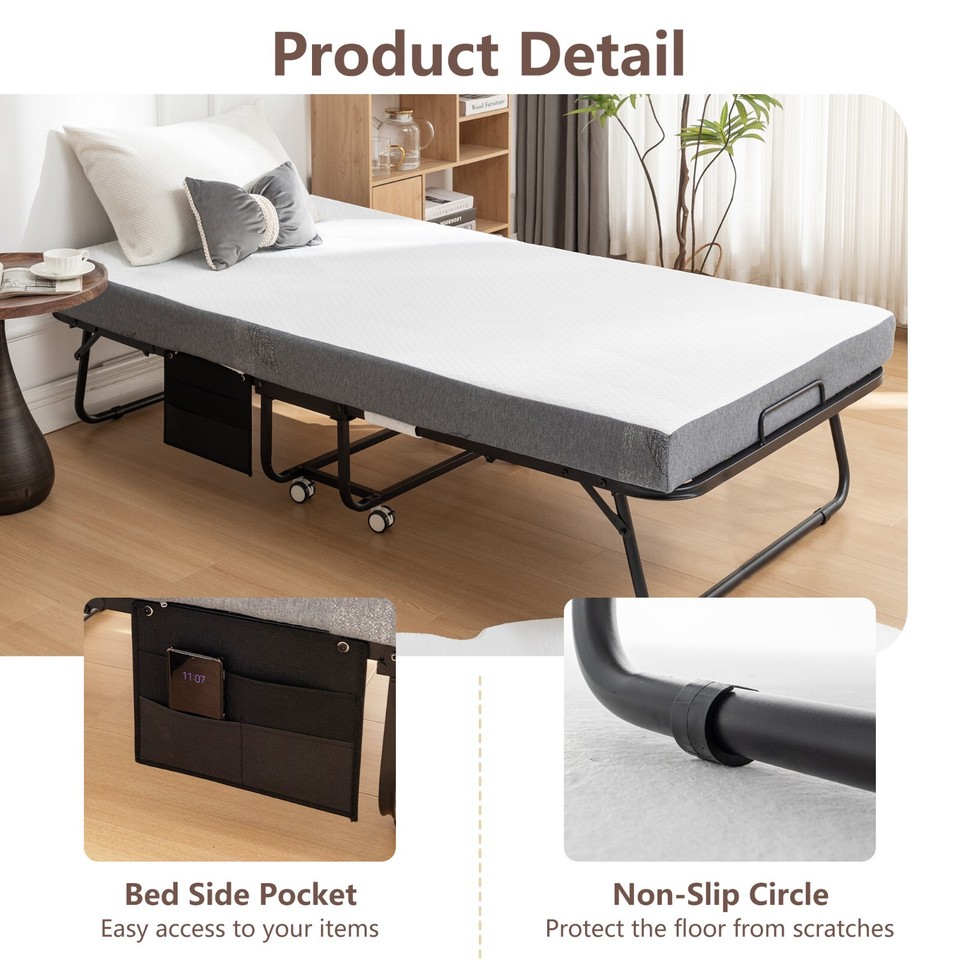 75x38Portable Folding Bed Metal Frame Rollaway Bed w/Memory Foam ...