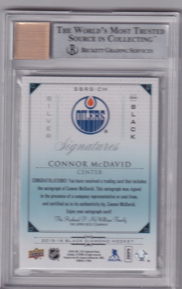 2015 Connor McDavid UD Black Diamond Silver Rookie Auto RC BGS 9 MINT ...
