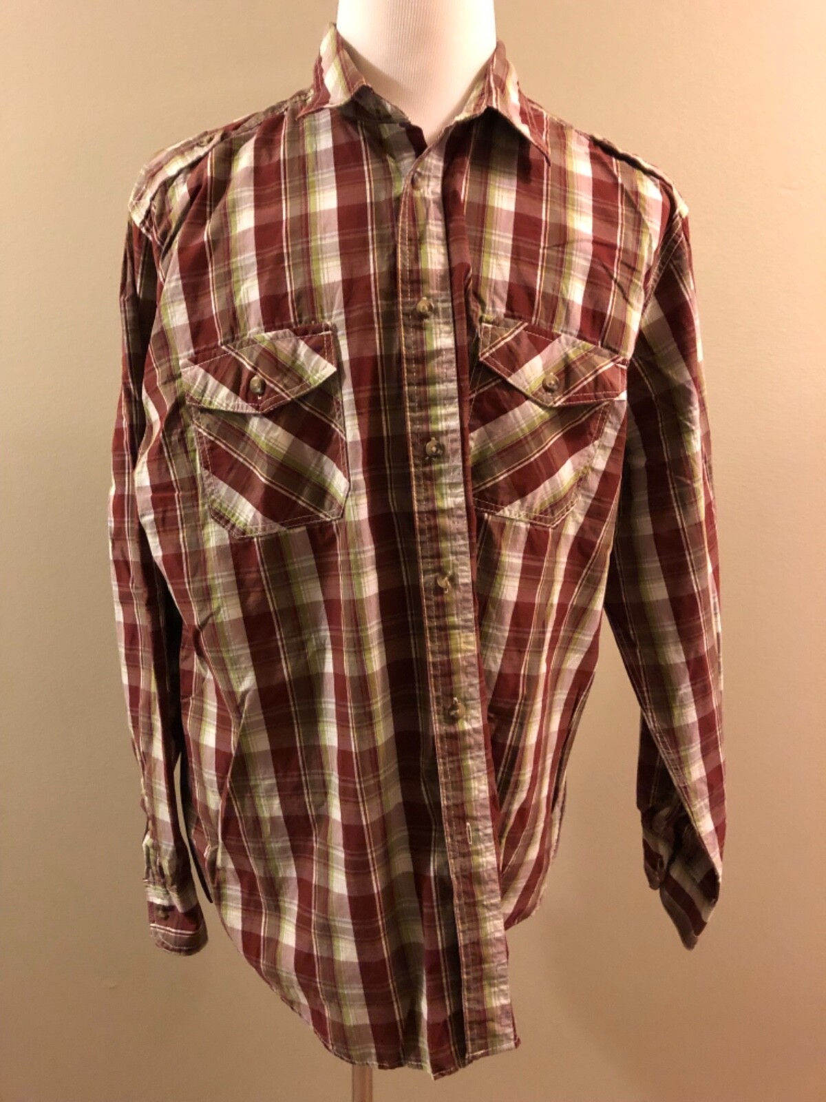 Men’s Ruff Hewn Long Sleeve Button Down Burgundy Plaid Shirt, Large | eBay