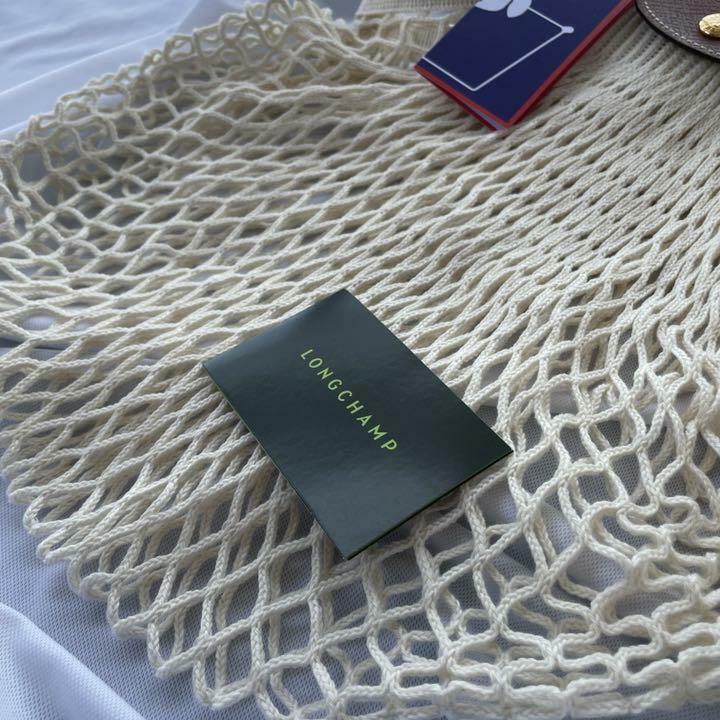 Auth Longchamp Filt Limited Mesh Net Bag White Brown Cotton Leather ...