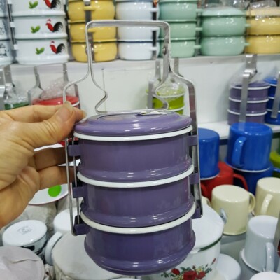 Enamel Lunch Box Food Container Pinto Tiffin 3 Stacks Enamelware Purple ...