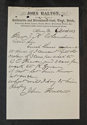 1883 John Halton Anthracite and Bituminous Coal Wood Brick Letterhead ...