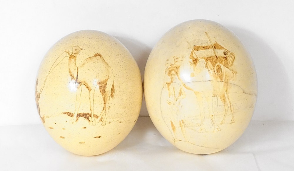 Pair ostrich eggs Orientalist Bedouin camel signed 19th century | eBay