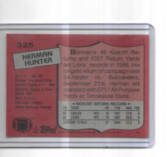 1987 Topps Football #325 Herman Hunter Detroit Lions | eBay